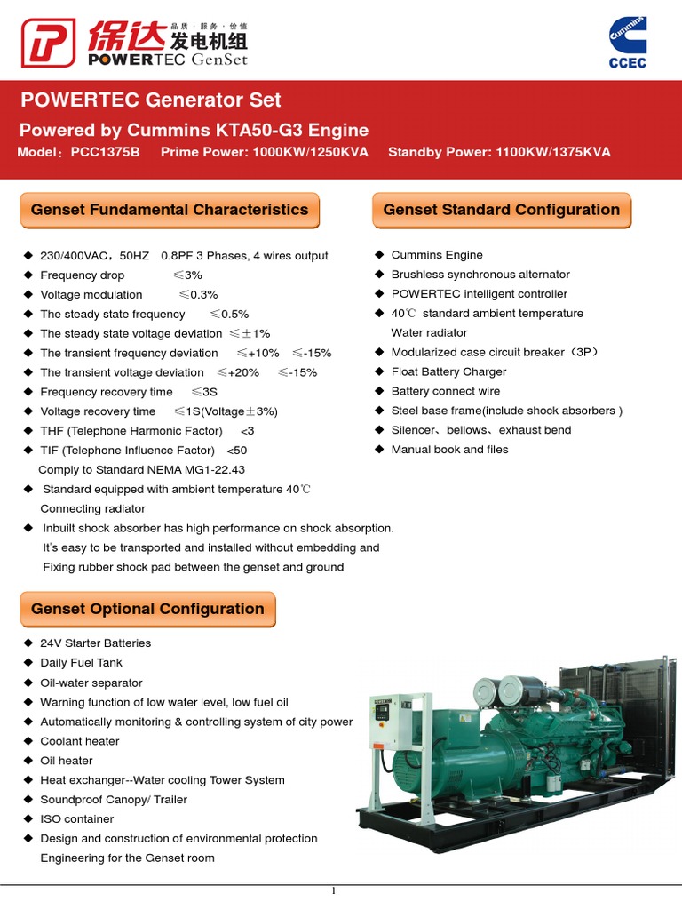 POWERTEC Generator Set: Powered by Cummins KTA50-G3 Engine | PDF ...