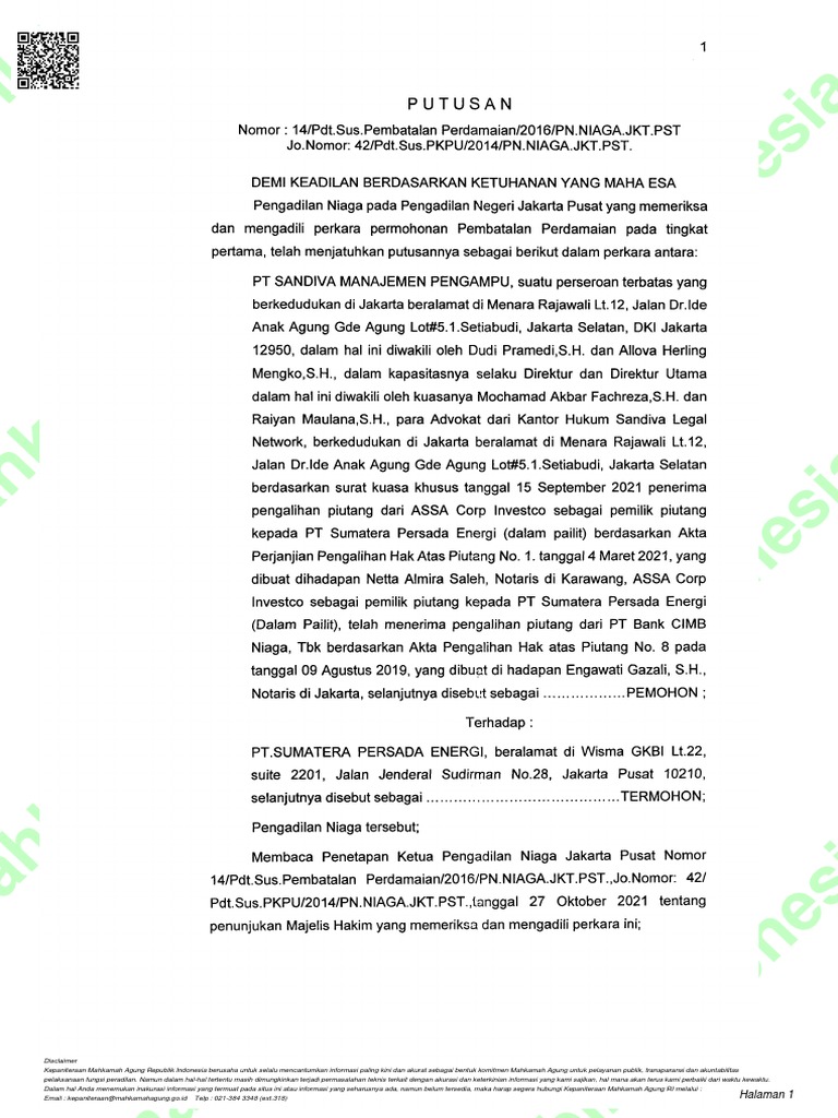 Putusan 14 PDT - Sus.pembatalan Perdamaian 2016 PN Niaga JKT - PST ...