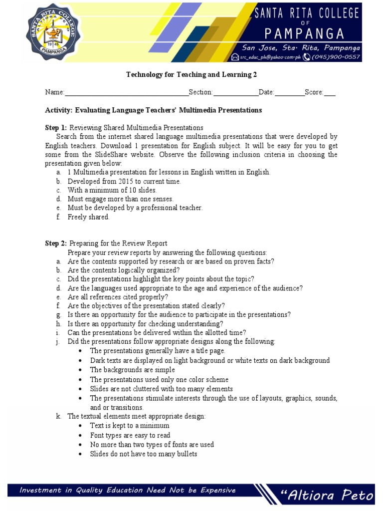 TTL2 Activity 13 Evaluating Multimedia Presentations | PDF | Multimedia | Experience