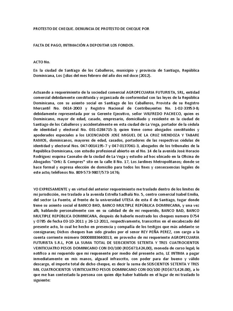 Acta de Protesto de Cheque | PDF | República Dominicana | Cheque