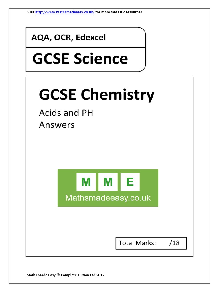 GCSE Chemistry Acids and PH AQA OCR Edexcel. Answers | PDF | Acid | Ph