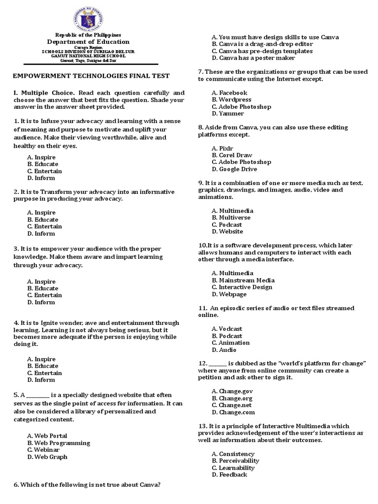 Department of Education: I. Multiple Choice. Read Each Question ...