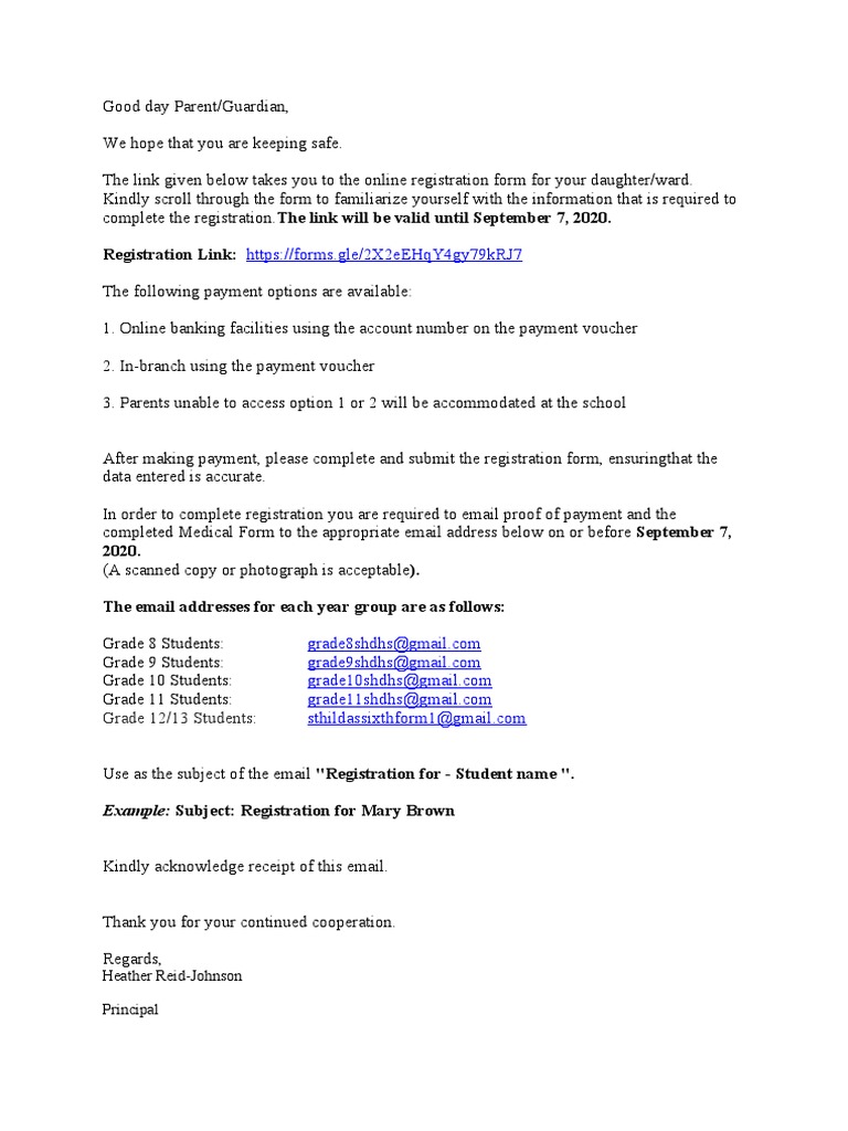 Grade 8 - 11 Registration Form Link | PDF