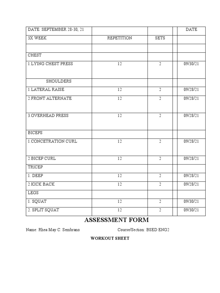 Assessment Form: Workout Sheet | PDF