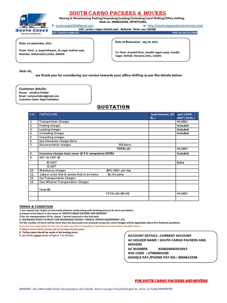South Cargo Packers & Movers: Quotation | Download Free PDF | Cargo ...