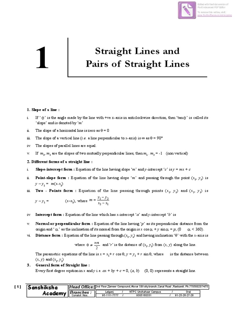 1.straight Lines | PDF | Line (Geometry) | Slope