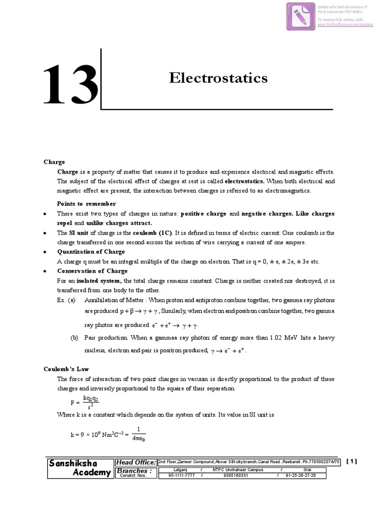 13 Electrostatics FF | PDF | Electric Charge | Electron