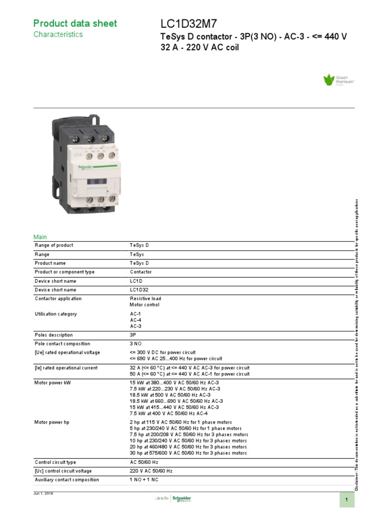TeSys D Contactors: Product Data Sheet for 3-Pole (3 NO) 32A 440V AC ...
