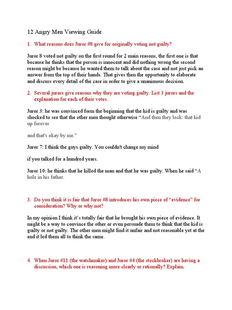 12 Angry Men Viewing Guide Answers | PDF | Reasonable Doubt | Argument