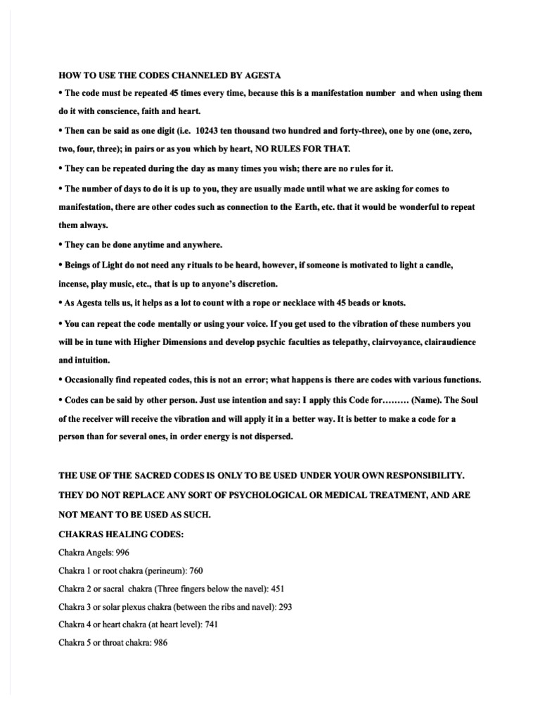 Agesta Sacred Codes List | PDF | Chakra | Anxiety