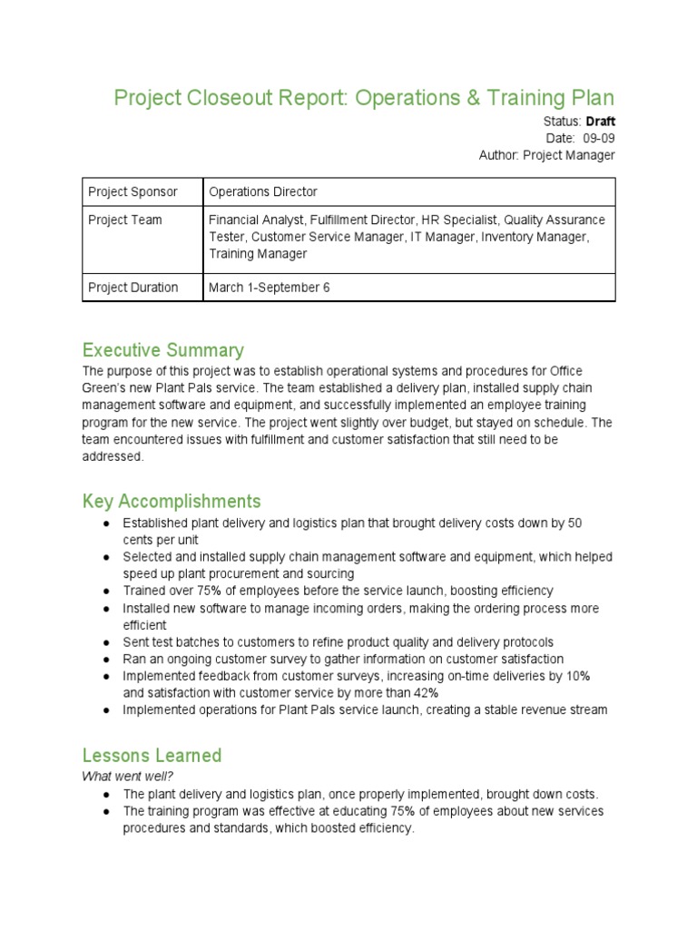 Project Closeout Report: Plant Pals Service | PDF | Logistics | Supply ...