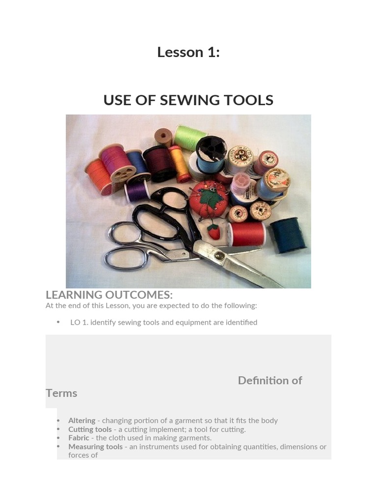 Lesson 1: Use of Sewing Tools: Learning Outcomes | PDF | Sewing Machine ...