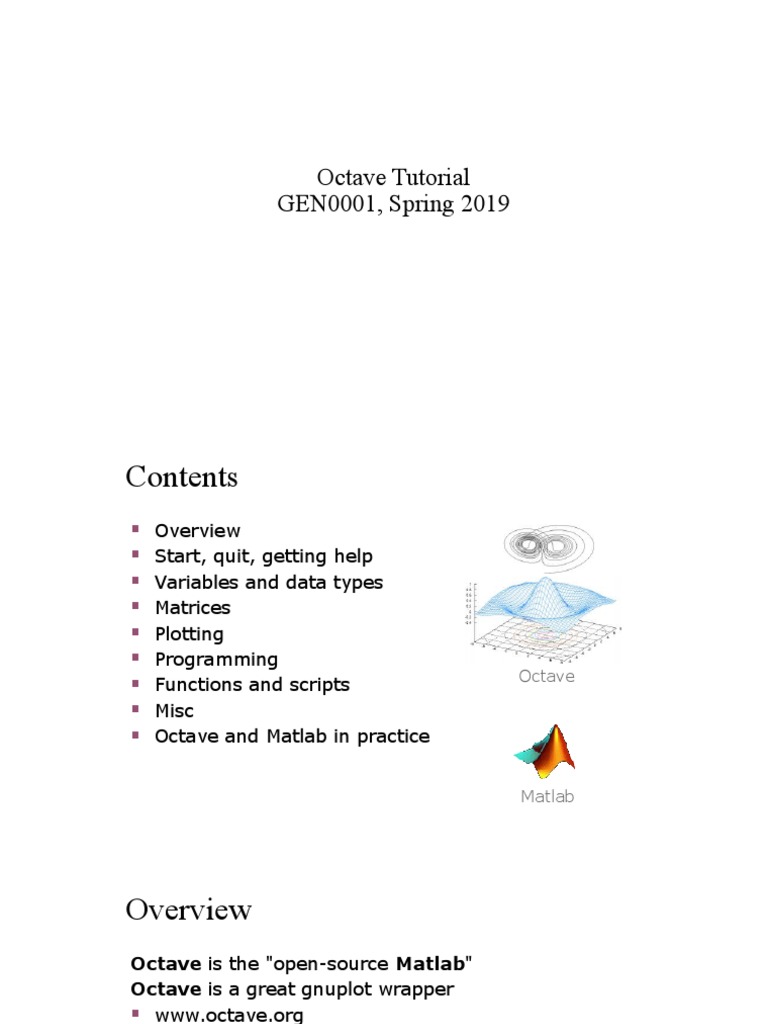 Octave Tutorial GEN0001, Spring 2019 | PDF | Matrix (Mathematics) | Matlab