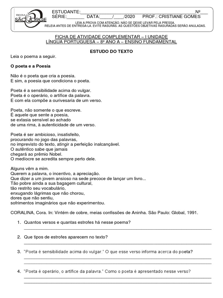 Atividade Complementar LP 8º Ano Convertido 1 | Download grátis PDF | Pobreza | Pobreza e ...