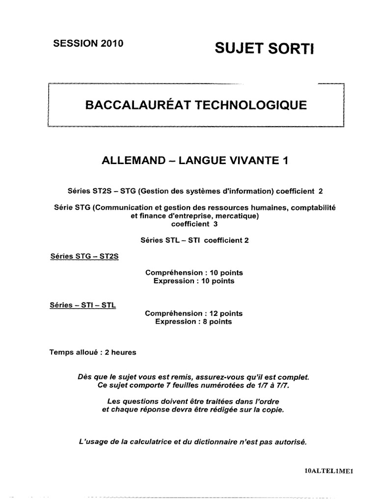 Sujet Bacc Techno 2010 | PDF