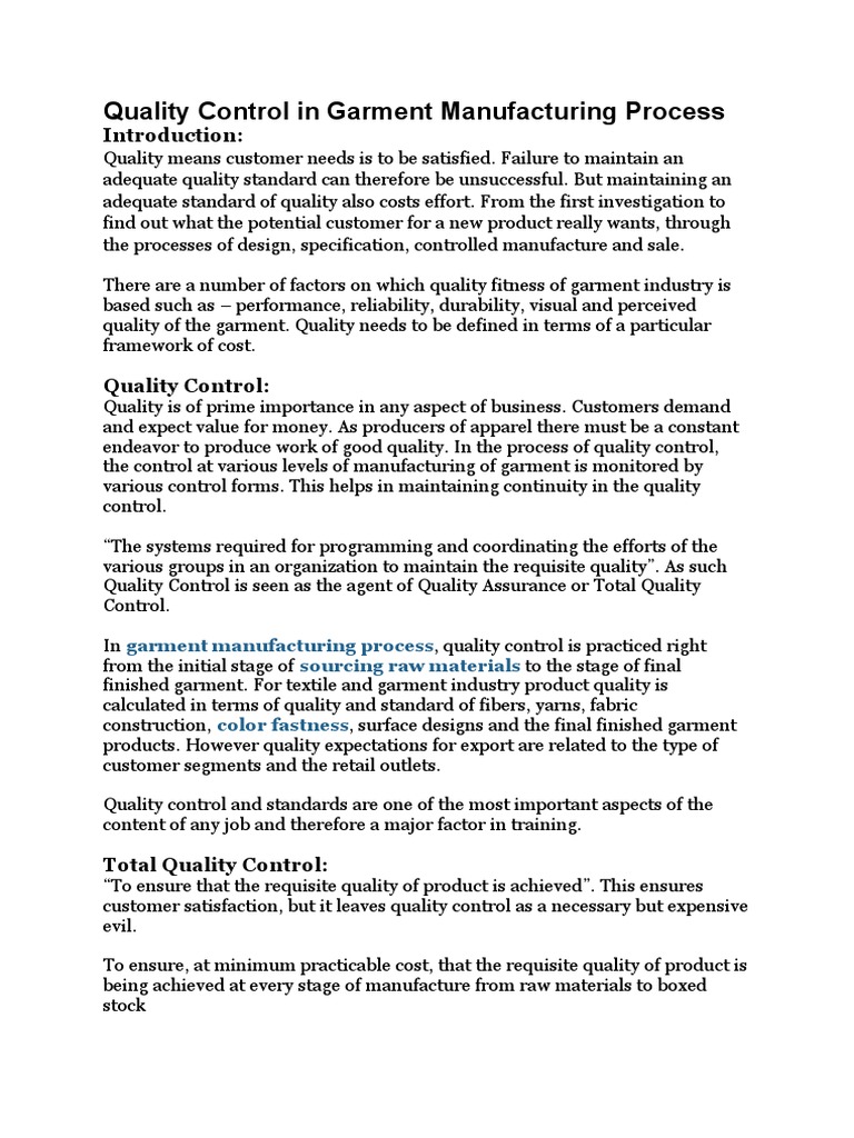 Garment Manufacturing Quality Control | PDF | Yarn | Textiles