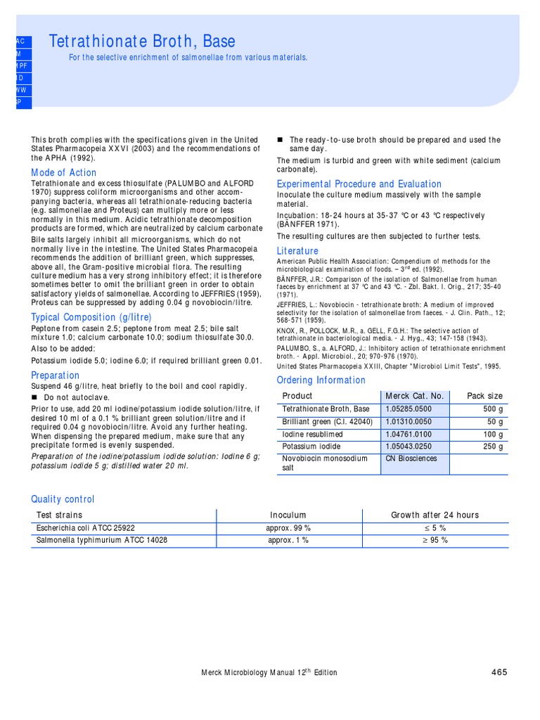 465 Tetrathionate Broth 105285 | PDF | Iodine | Microorganism