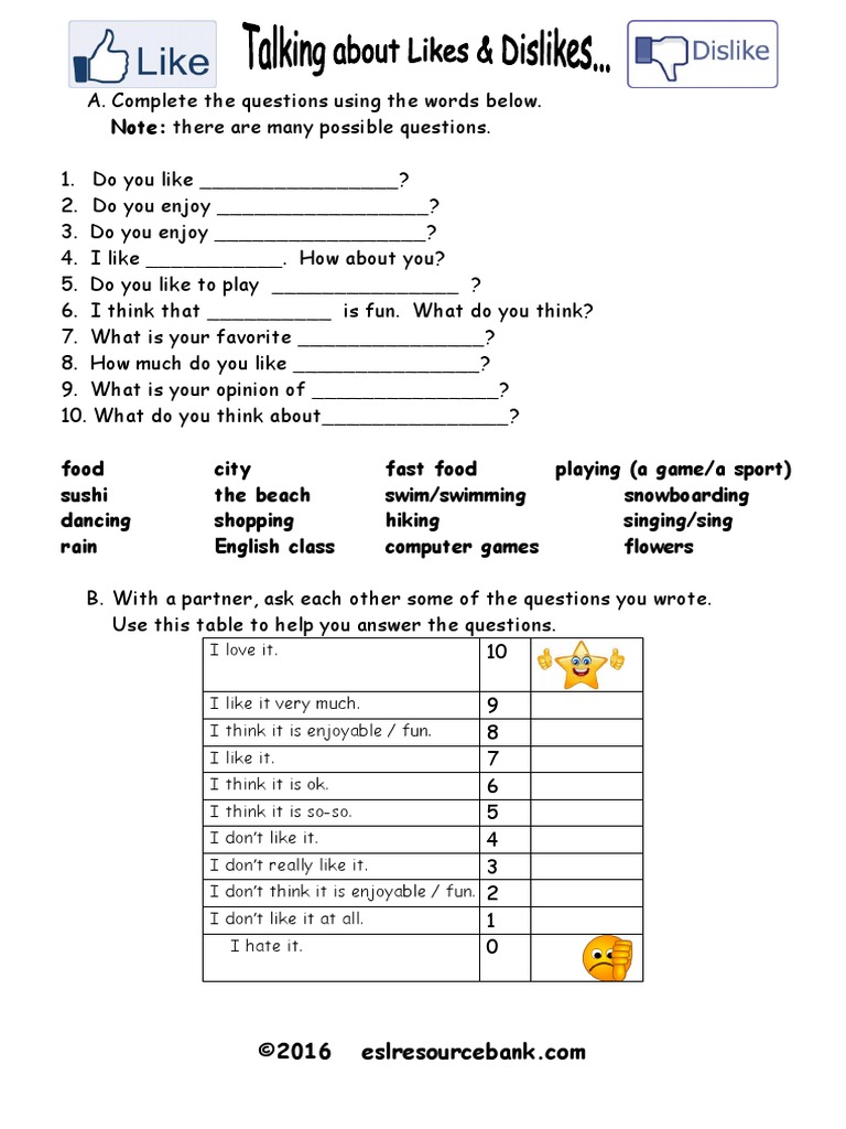 Talking About Likes and Dislikes | PDF | Language Arts & Discipline
