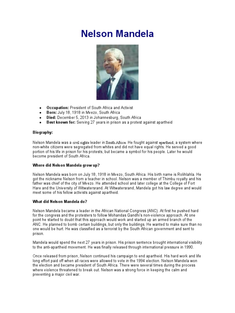 Nelson Mandela Biograpy | PDF | Nelson Mandela | Apartheid