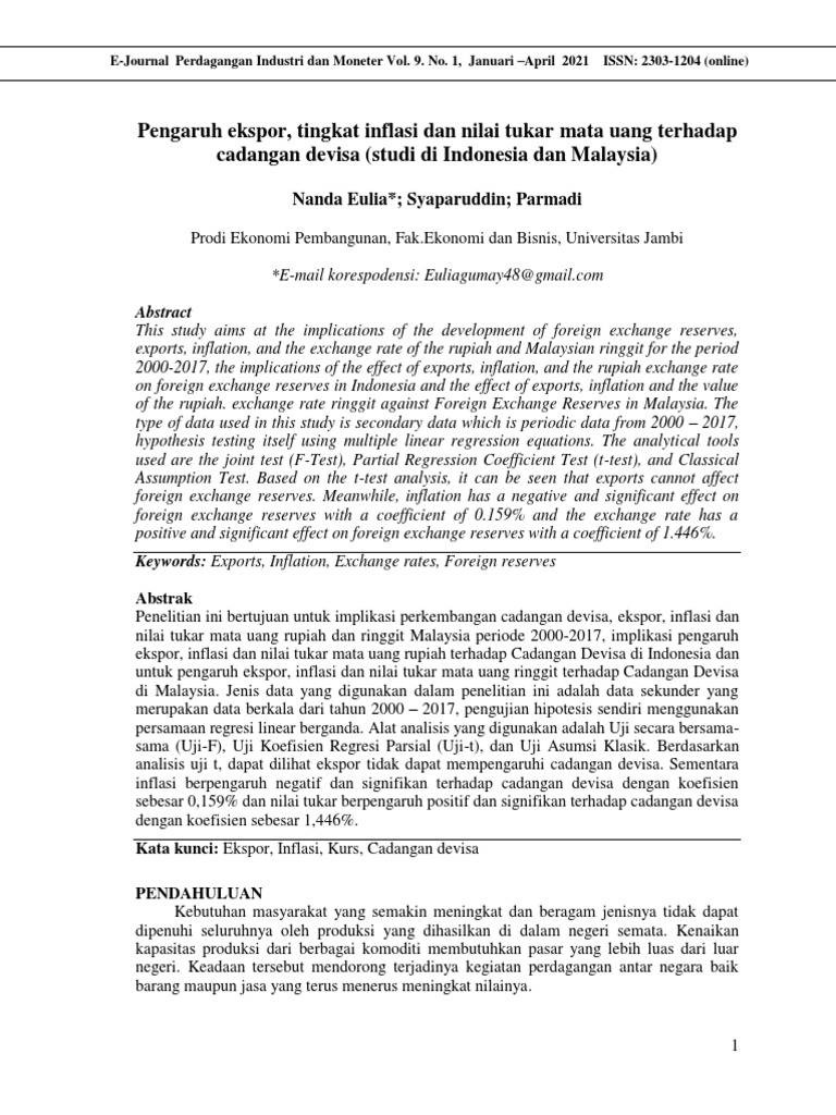 Pengaruh Ekspor, Tingkat Inflasi Dan Nilai Tukar Mata Uang Terhadap Cadangan Devisa (Studi Di ...