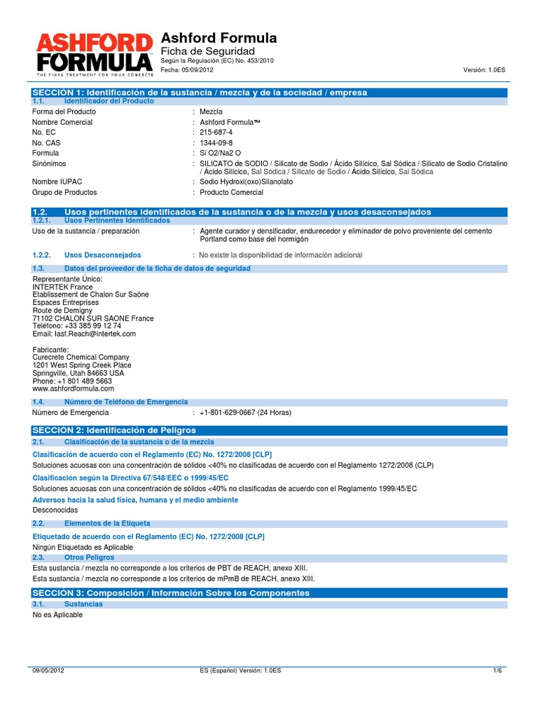 Ashford Formula REACH SDS Spanish | PDF | Primeros auxilios | Agua