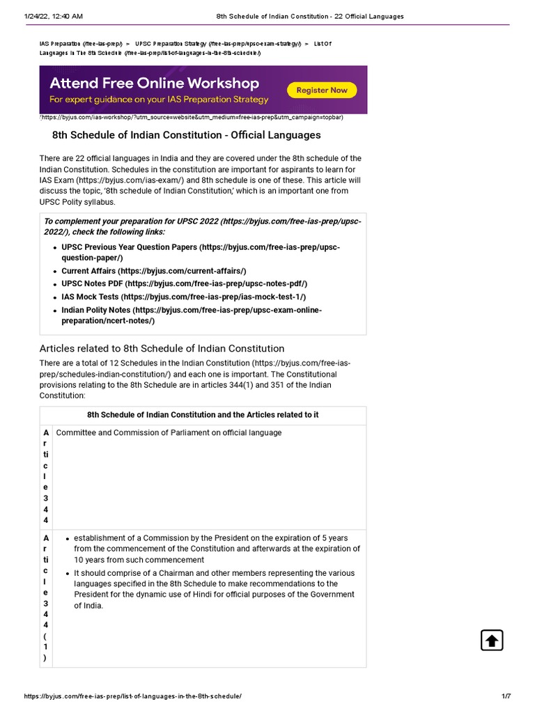 8th Schedule of Indian Constitution - 22 Official Languages | PDF ...