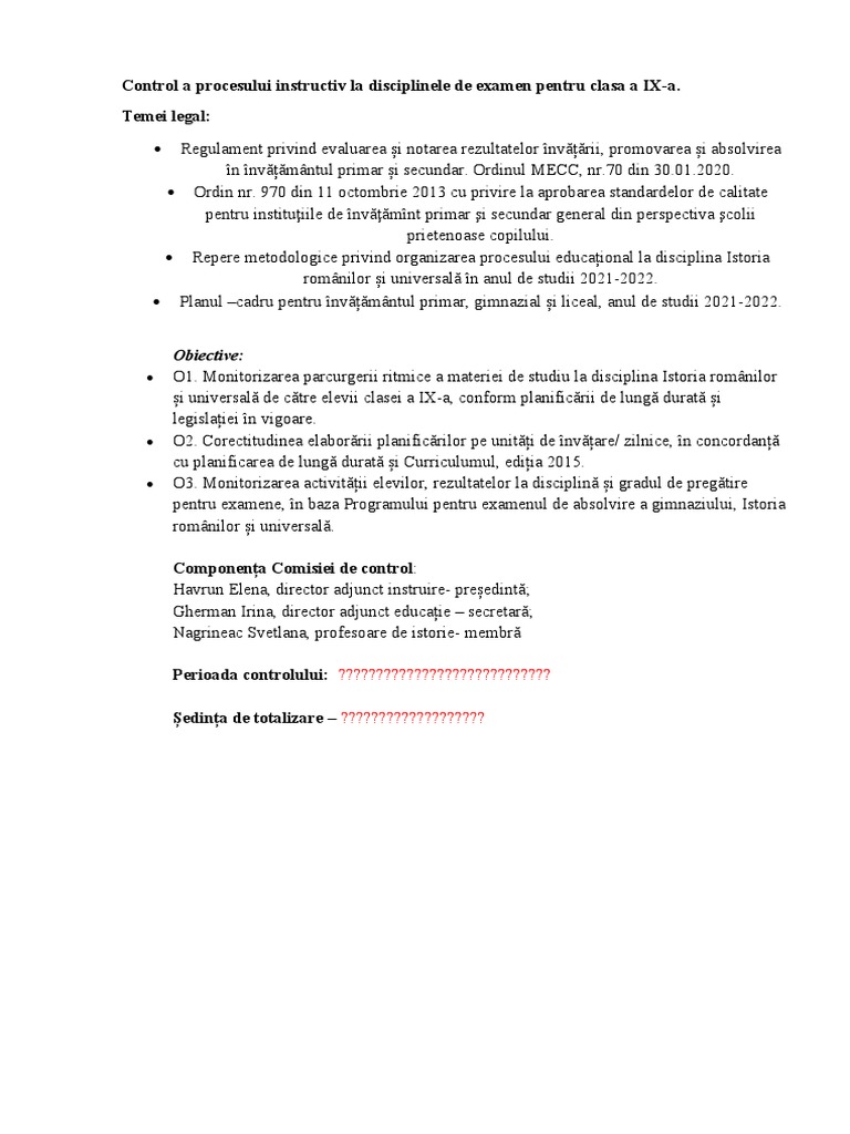 Control A Procesului Instructiv La Disciplinele Pentru Examen, cl.9 | PDF