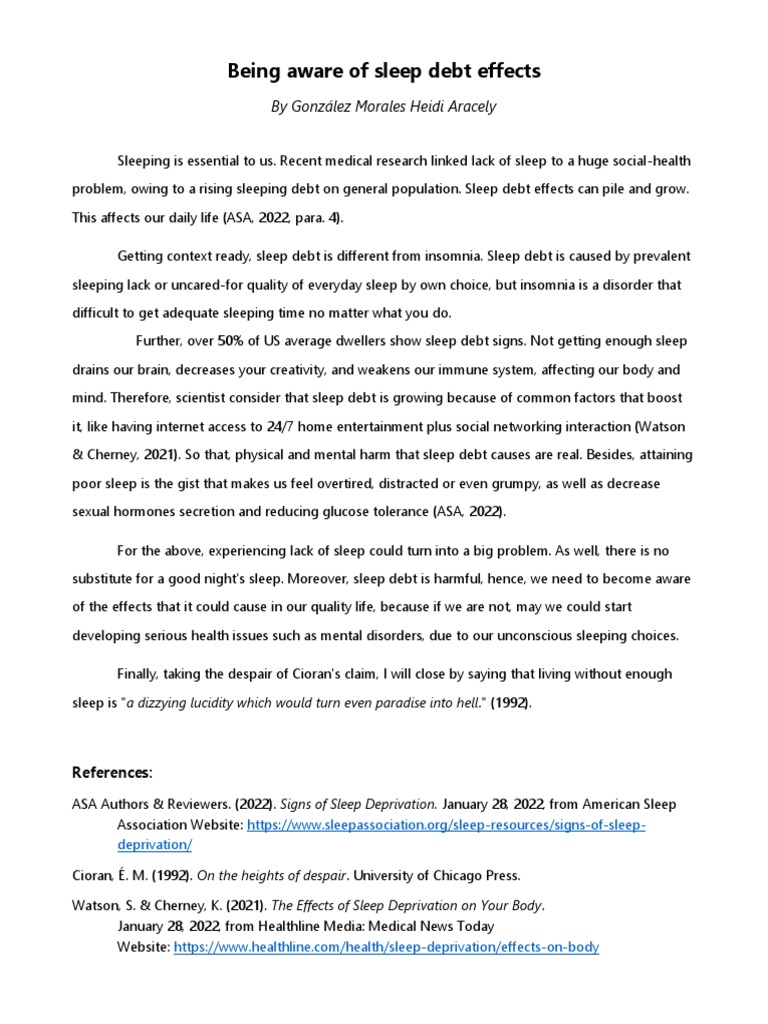Sleep Debt - Cause and Effect Essay by Heidi González | PDF | Self ...