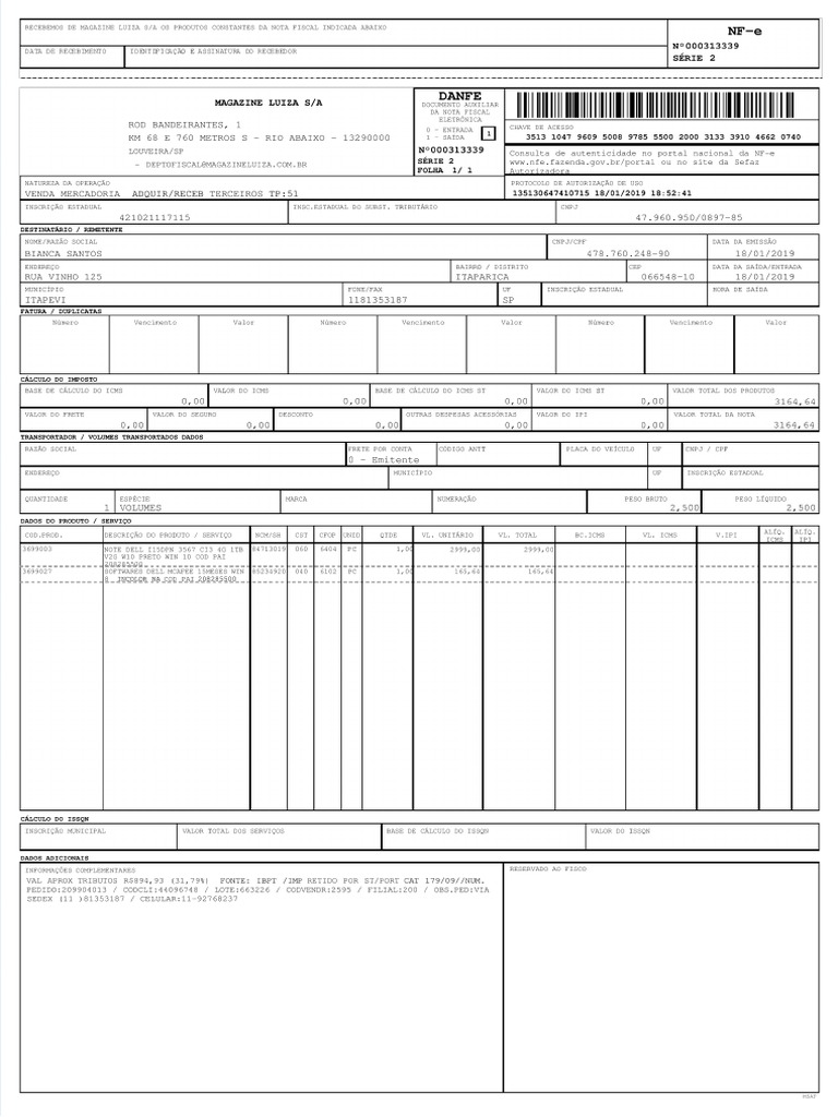 Nota Fiscal Notebook Dell | PDF