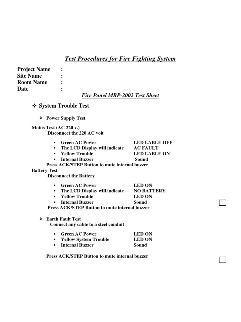 Test Procedures For Fire Fighting System: Project Name: Site Name: Room ...