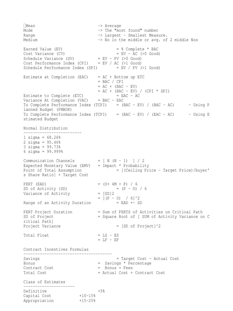 PMP Formula Sheet | Net Present Value | Financial Economics
