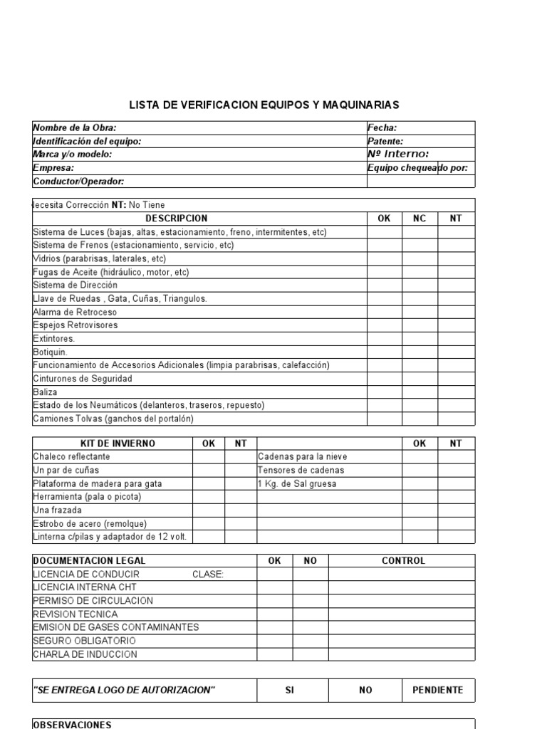 Check List Equipos y Maquinarias