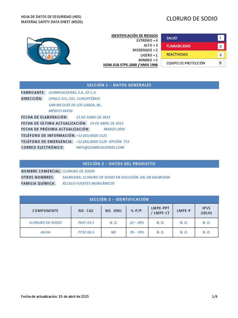 Hds Cloruro de Sodio (Salmuera) | PDF | Sustancias químicas | Ciencias fisicas
