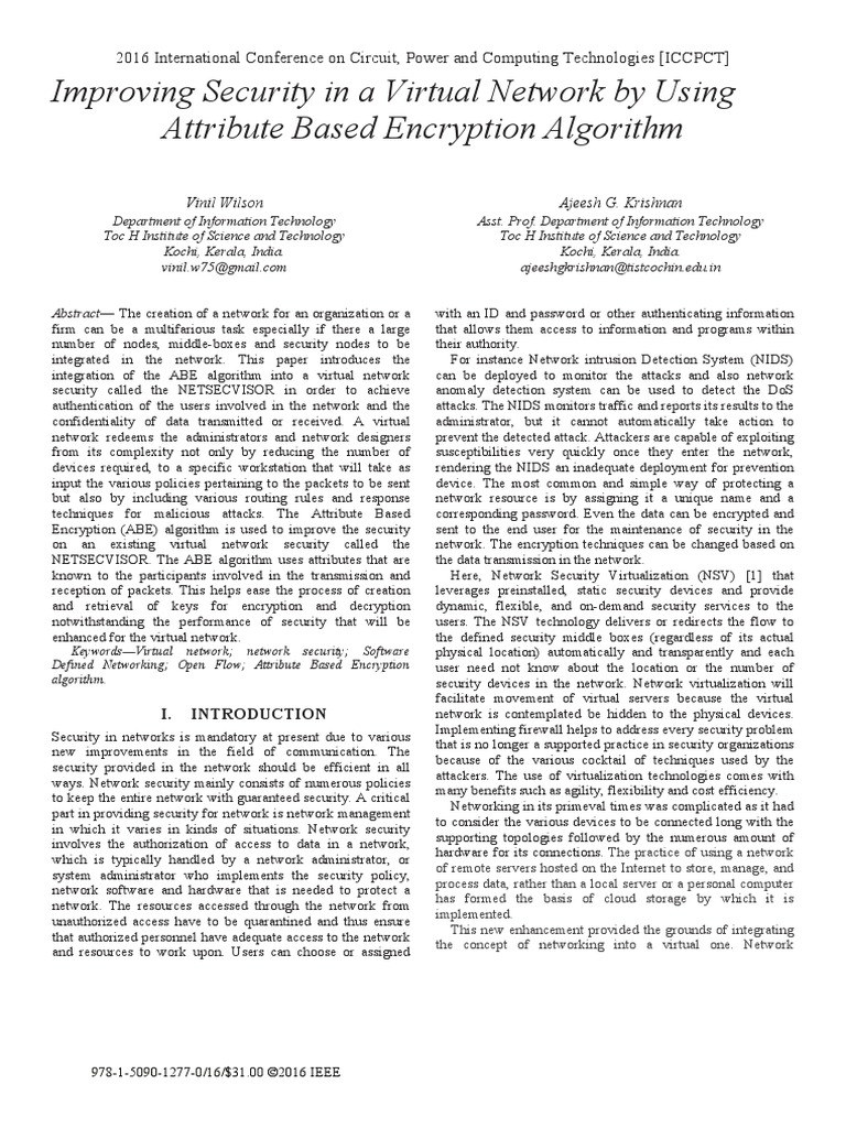 Improving Security In A Virtual Network By Using Attribute Based Encryption Algorithm Pdf
