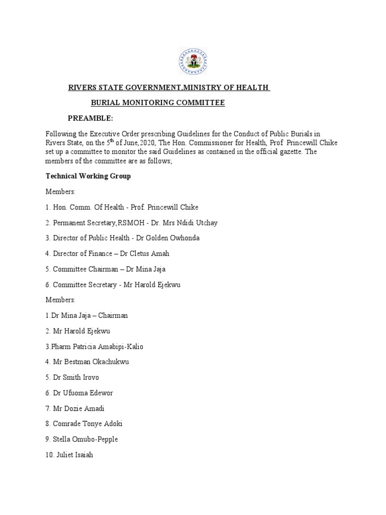 Rivers State Government, Ministry of Health Burial Monitoring Committee ...