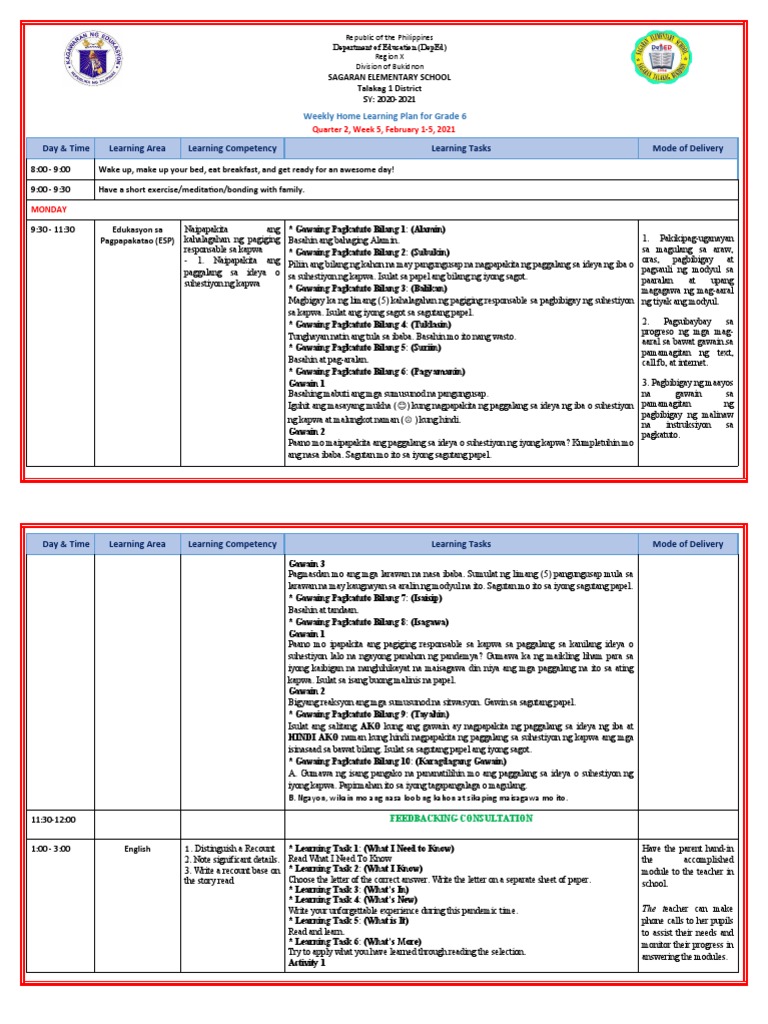 WHLP Detailed Grade 6 Q2 W5 All Subjects | PDF