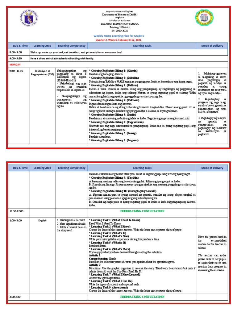 WHLP Detailed Grade 6 Q2 W6 All Subjects | PDF