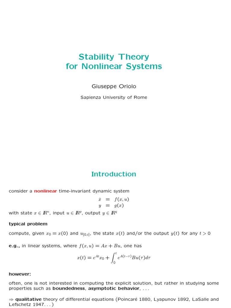 Stability Theory For Nonlinear Systems: Giuseppe Oriolo | PDF | Stability Theory | Eigenvalues ...