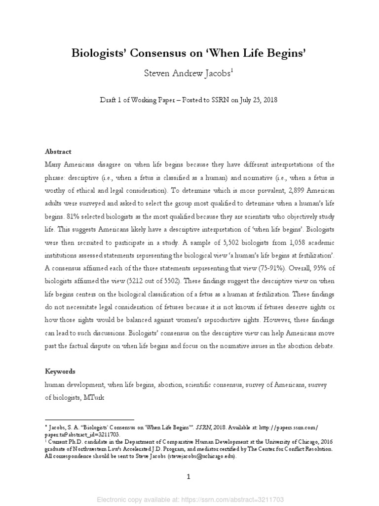 Biologists' Consensus On When Life Begins': Steven Andrew Jacobs | PDF ...