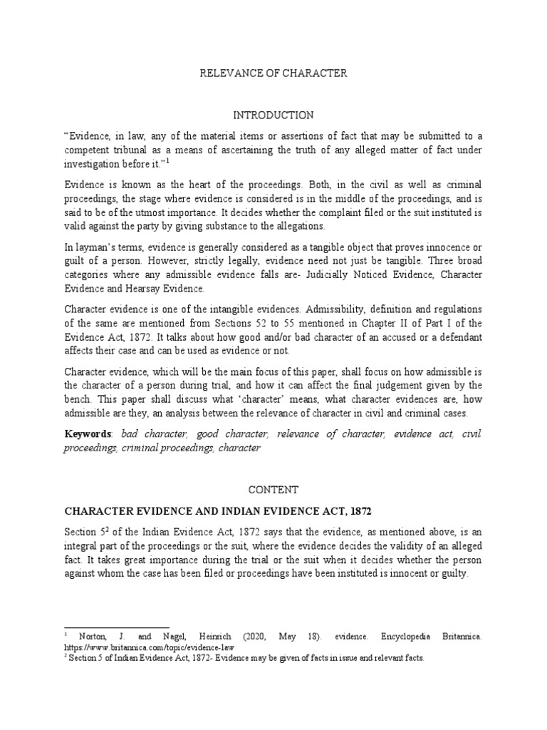 Keywords: Bad Character, Good Character, Relevance of Character ...