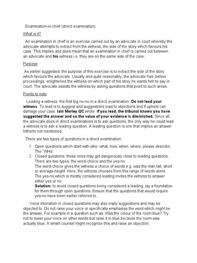 Examination in Chief Direct Examination | PDF | Question | Witness