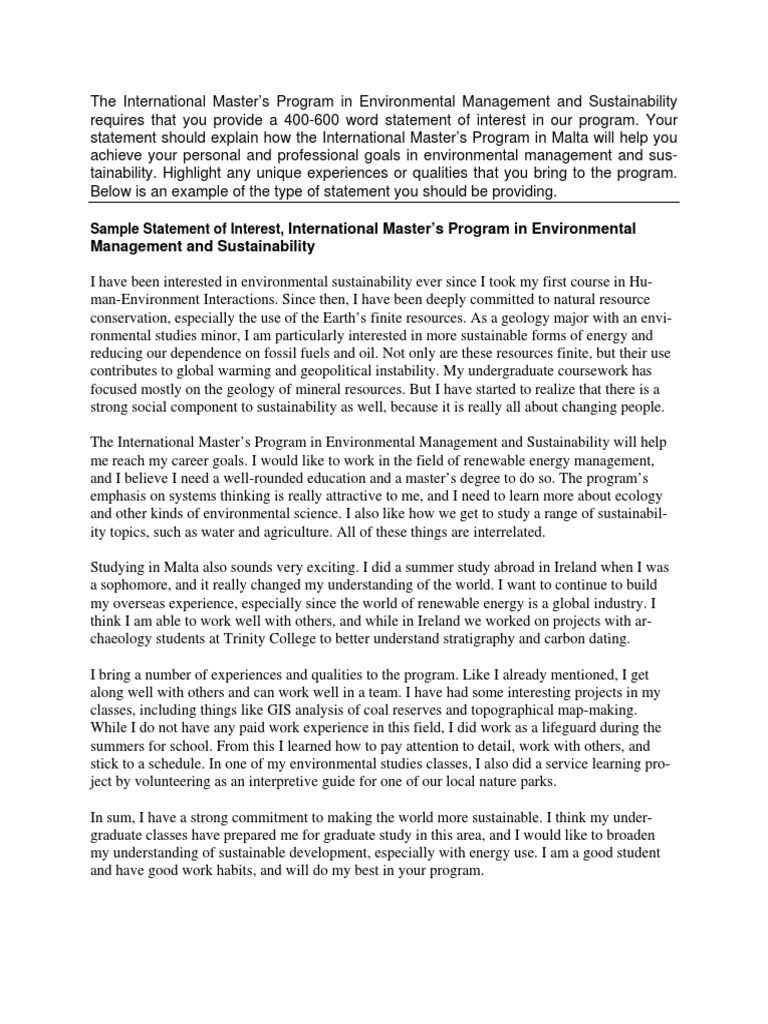 Malta Sample Interest Statement | PDF | Sustainability | Environmental ...