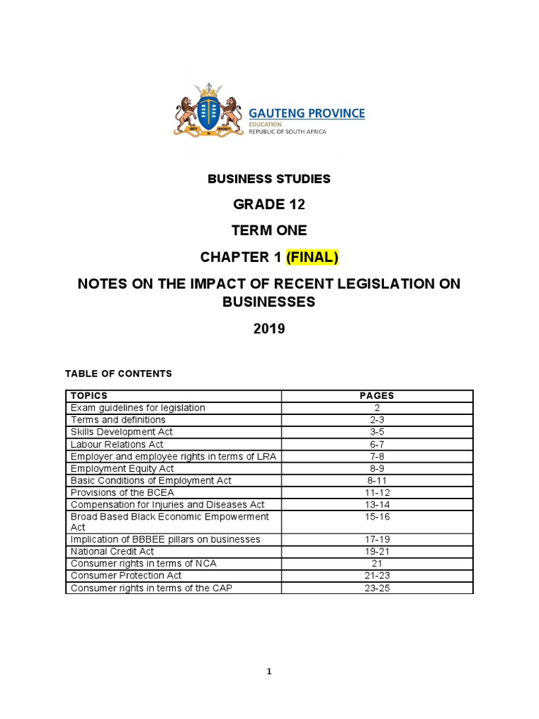 Business Studies Grade 12 Notes On Legislation Final | PDF | Employment ...