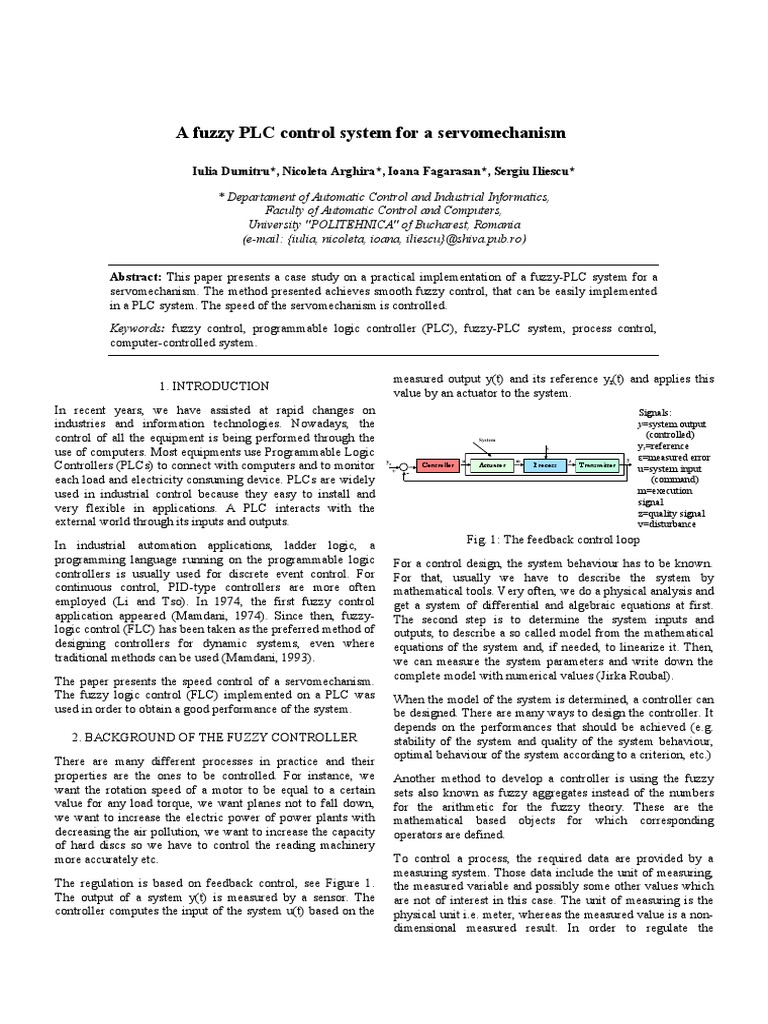 A Fuzzy PLC Control System For A Servomechanism: Iulia Dumitru, Nicoleta Arghira, Ioana ...