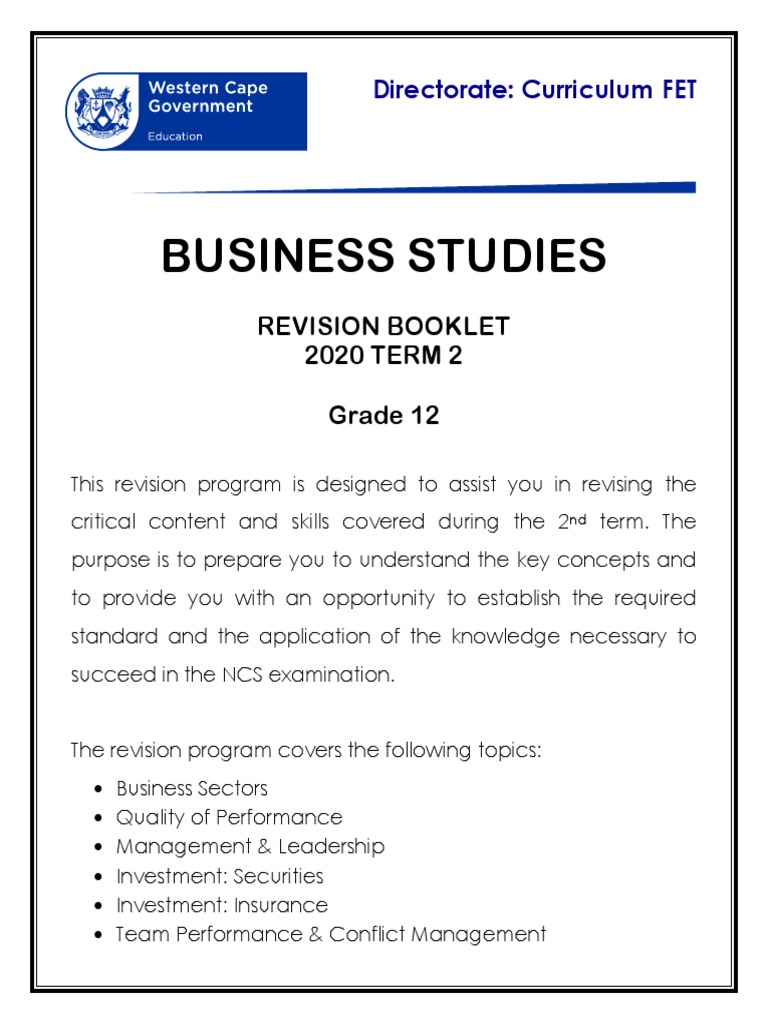 Business Studies: Revision Booklet 2020 TERM 2 Grade 12 | PDF ...