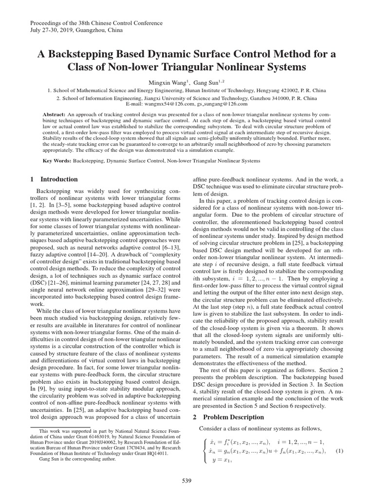 A Backstepping Based Dynamic Surface Control Method For A Class of Non-Lower Triangular ...