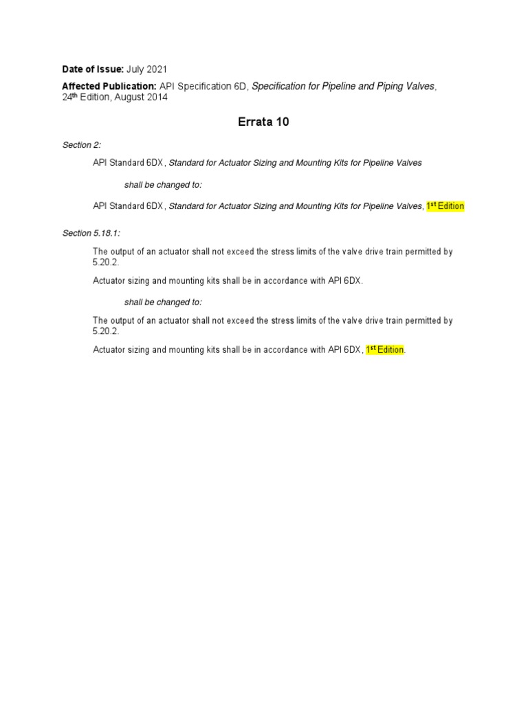 API 6D Errata 10: Valve Actuator Update | PDF