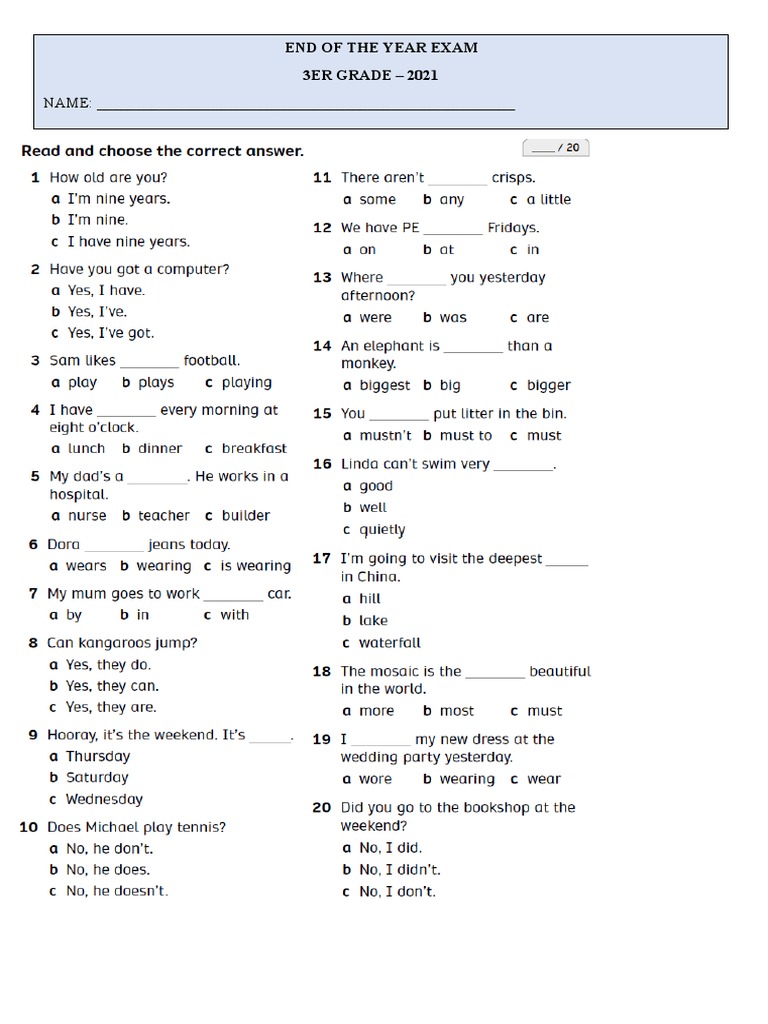 3er Grade Final Exam | PDF