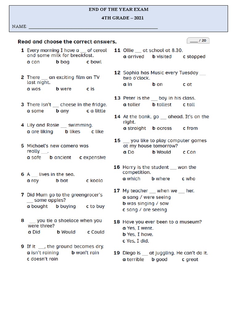 4TH Grade Final Exam | PDF
