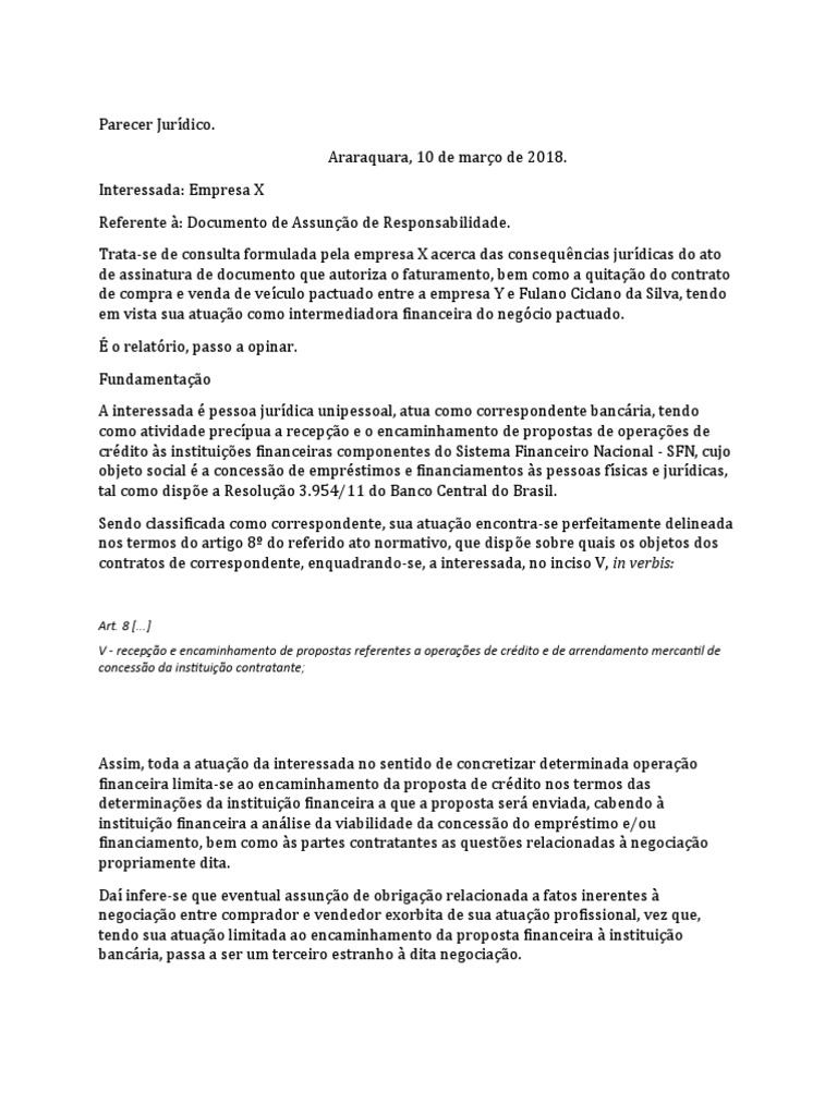 Modelo de Parecer Juridico | PDF | Crédito | Finanças e Administração ...